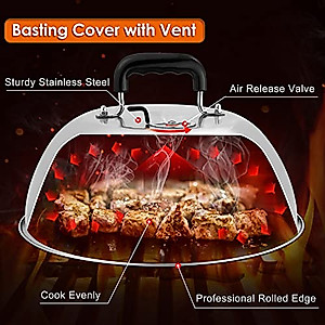 Leonyo 12 Inch Melting Dome & Burger Press, Round Basting Cover with Adjustable Vent, 5.5" Square Smash Bacon Griddle Press, Stainless Steel Flat Top Grill Accessories for Outdoor Kitchen BBQ Camping