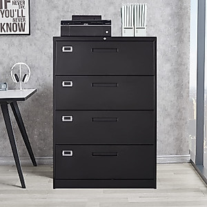 PEUKC 4 Drawer File Cabinet, Lateral Filing Cabinets for Home Office, Office Storage Drawers with Lock, Hanging Files Legal/Letter A4 Size (Assemble Required,Black)