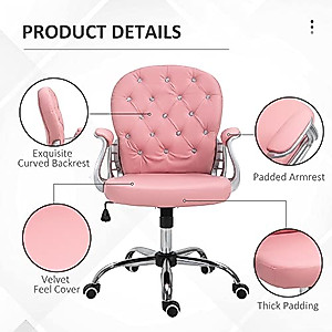 Vinsetto PU Leather Home Office Chair, Button Tufted Desk Chair with Padded Armrests, Adjustable Height and Swivel Wheels, Pink