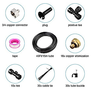 HESTYA Misting Cooling System Outdoor Misting System for Patio, Misting Line, Brass Mist Nozzles, Brass Adapter 3/4 Inch, Outdoor Mister for Patio Garden Greenhouse Trampoline (15 Meters/ 49 Feet)