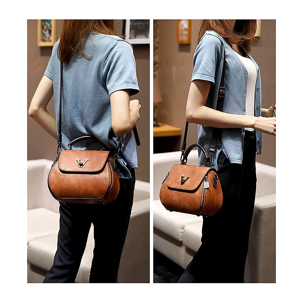 Top-Handle Bags Leather Crossbody Shoulder Bag Handbags for Women Saddle Bag Brown