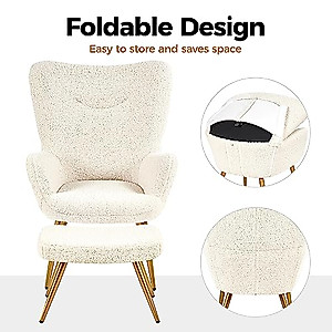 Yaheetech Accent Chair and Ottoman Set, Sherpa Armchair with Golden Metal Legs and High Back, Footstool for Living Room, Lounge, Ivory