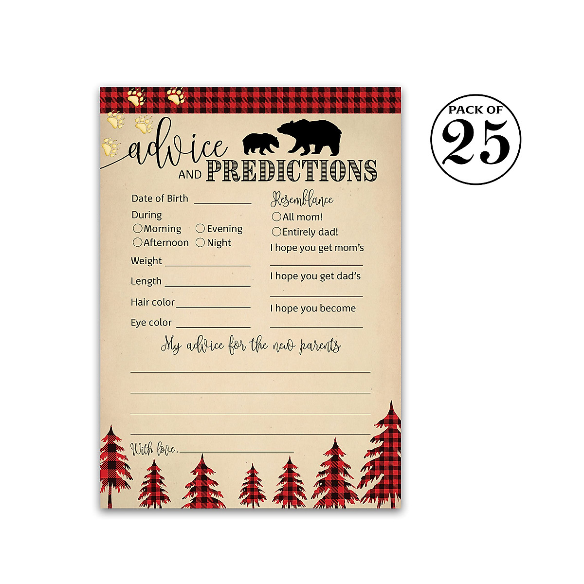 LUMBERJACK Prediction and Advice Cards,Pack of 25,Country Buffalo Plaid Rustic BOY Baby Shower Games, New Parents, Mommy & Daddy Message, Couples Coed Shower Activity Keepsake Book G805-PDAV
