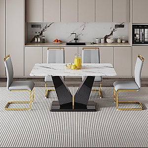 Pvillez 63 inch Marble Dining Table, Modern Dining Table for 4 6 People, Kitchen Table with Rectangular White Faux Marble Top & V Shape Pedestal Base Dinner Table for Dining Room Kitchen Living Room