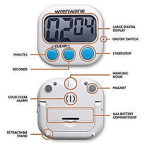 Wrenwane Digital Kitchen Timer (Upgraded), No Frills, Simple Operation, Big Digits, Loud Alarm, Magnetic Backing, Stand, White (1) (1) (1)
