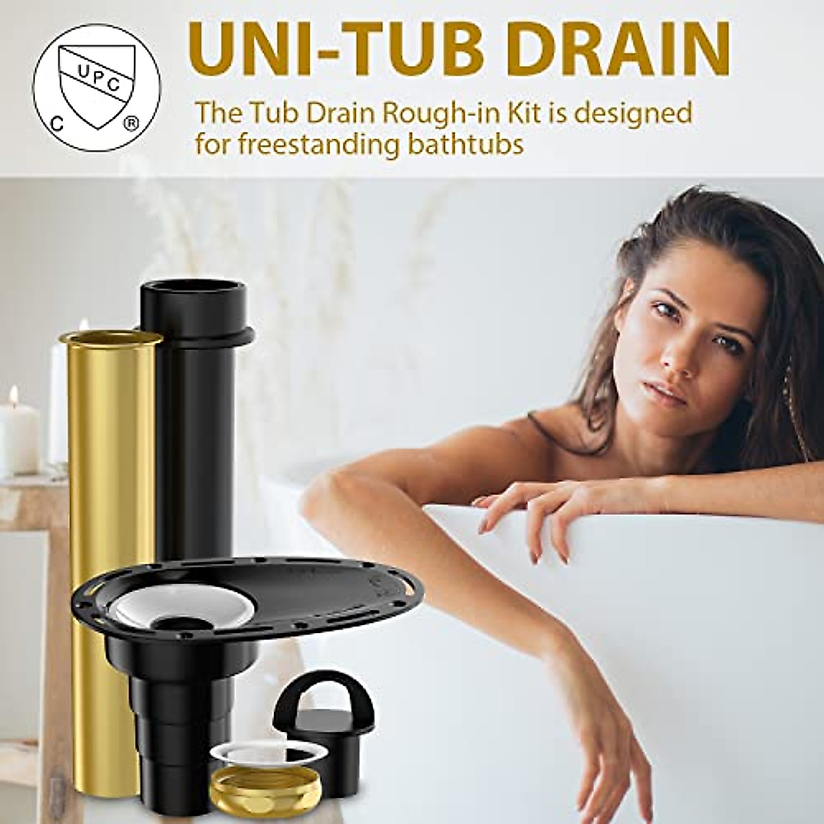 Freestanding Bathtub Drain kit with Brass Tail Pipe and ABS Plastic Adapter,Uni-tub Drain Compatible with Frestanding Bathtubs and Standard Bathtubs, Tub Drain Rough-in Kit with Installation Guide