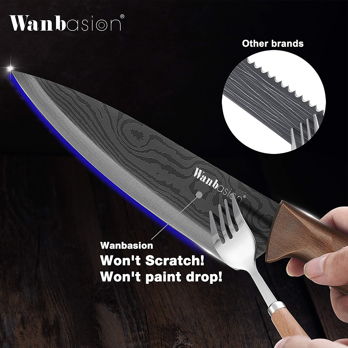 Wanbasion Matte Black Titanium Plated Stainless Steel Kitchen Knife Set, Chef Kitchen Knife Set Professional, Dishwasher Safe Kitchen Knife Set with Damascus Style