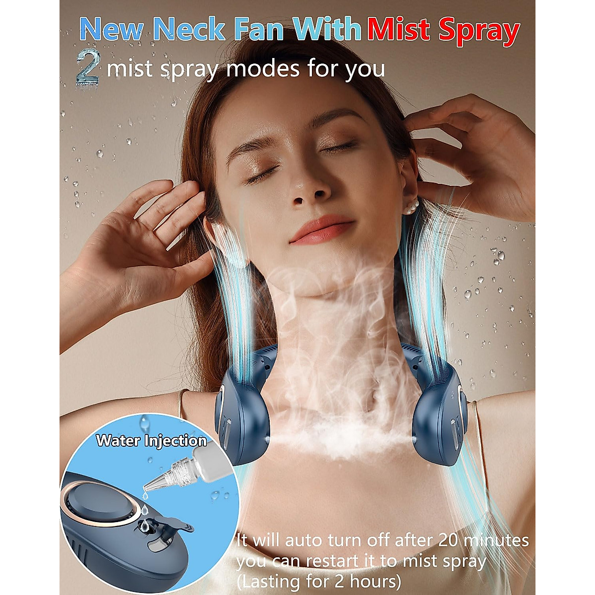 Neck Fan with Mist Spray,Personal Bladeless Folding Neck Fans that Blow Cold Air,Portable Neck Fan Rechargeable Battery Operated Quiet Headphones Device,Wearable Necklace Fan for Women Men Kids Blue