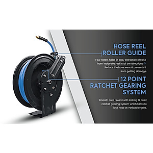 BLUBIRD BBR1265 18ga. Retractable Hose Reel with 1/2" x 65' Air Hose, 12 Point Ratcheting Gear, Next-Gen Rubber, Lightest, Strongest, Most Flexible, 300 PSI, 50F to 190F Degrees, Polyester Braided