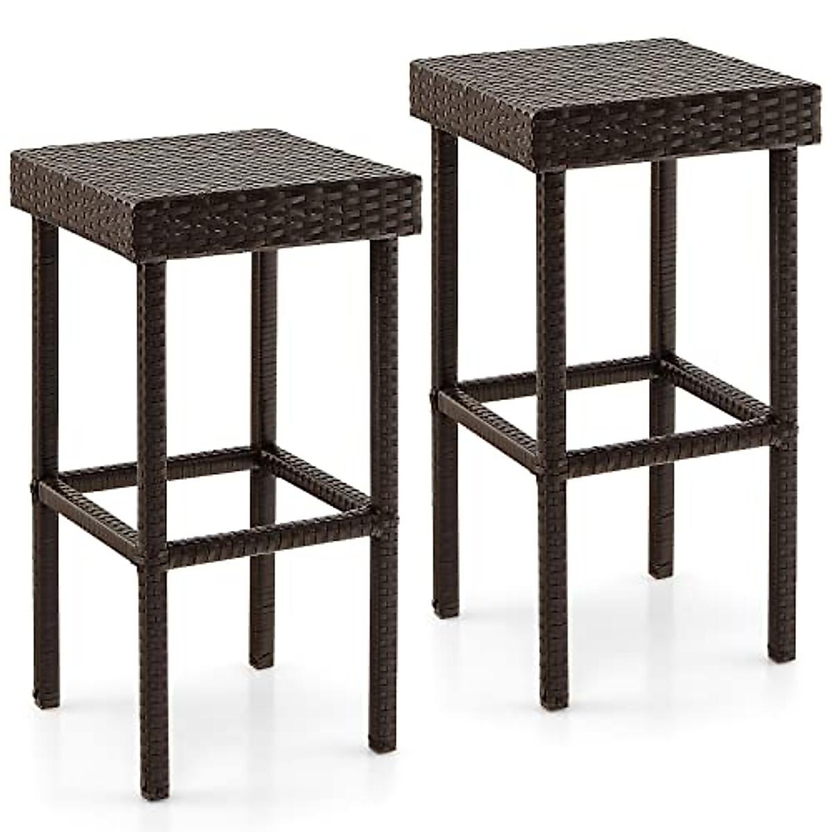 HAPPYGRILL Set of 2 Patio Bar Stools Outdoor PE Rattan Bar Chairs with Sturdy Steel Frame and Footrests, PE Wicker Bar Stools for Backyard Poolside Garden
