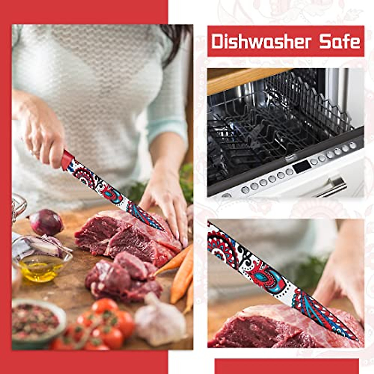 Astercook Knife Set, Paisley Pattern Kitchen Knife Set with Cover, Dishwasher Safe Colorful Knives with 6 Knife Sheath, German Stainless Steel Rainbow Knife Set