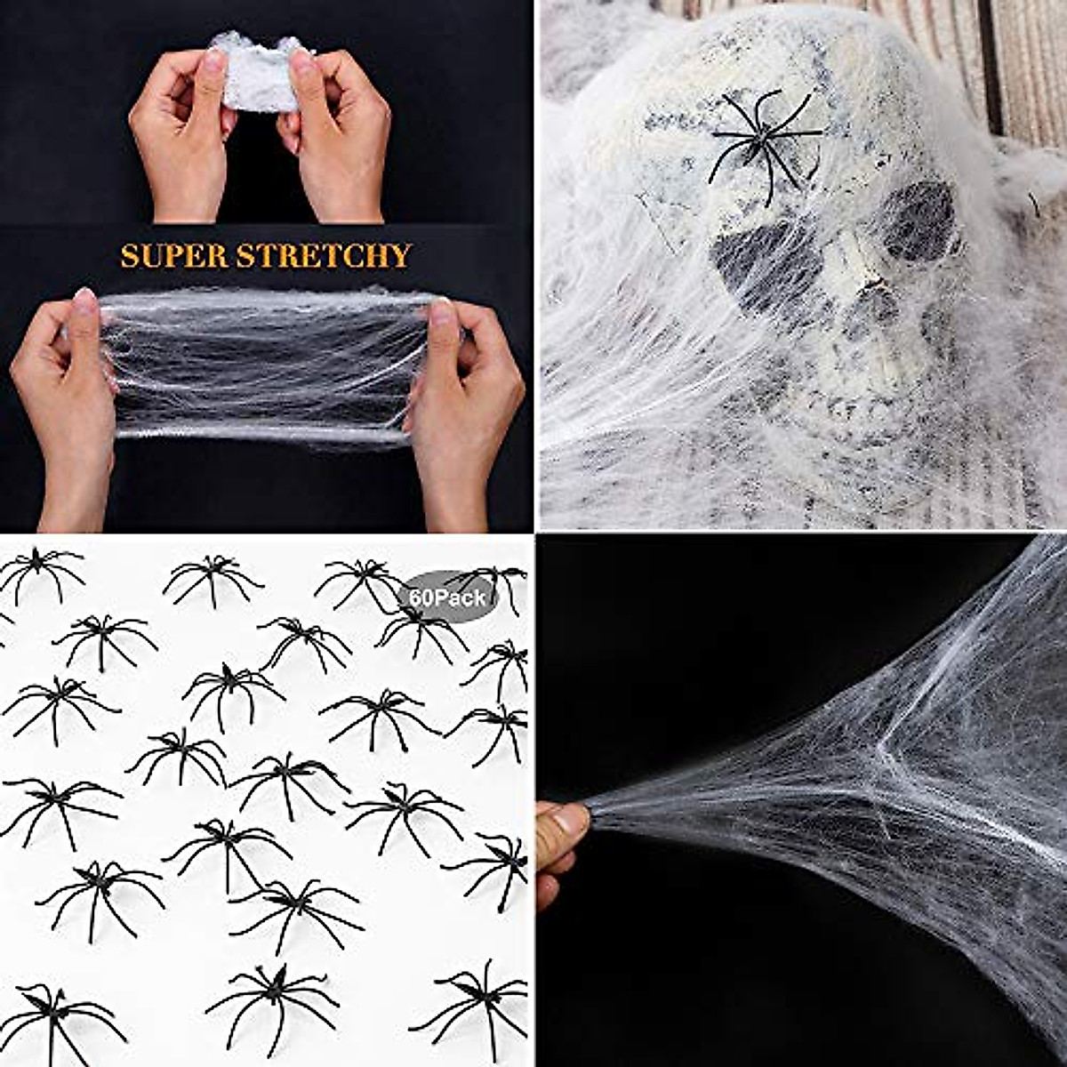 DearHouse 1100 sqft Halloween Stretch Spider Webs Indoor & Outdoor Spooky Spider Webbing with 60 Fake Spiders for Halloween Decorations