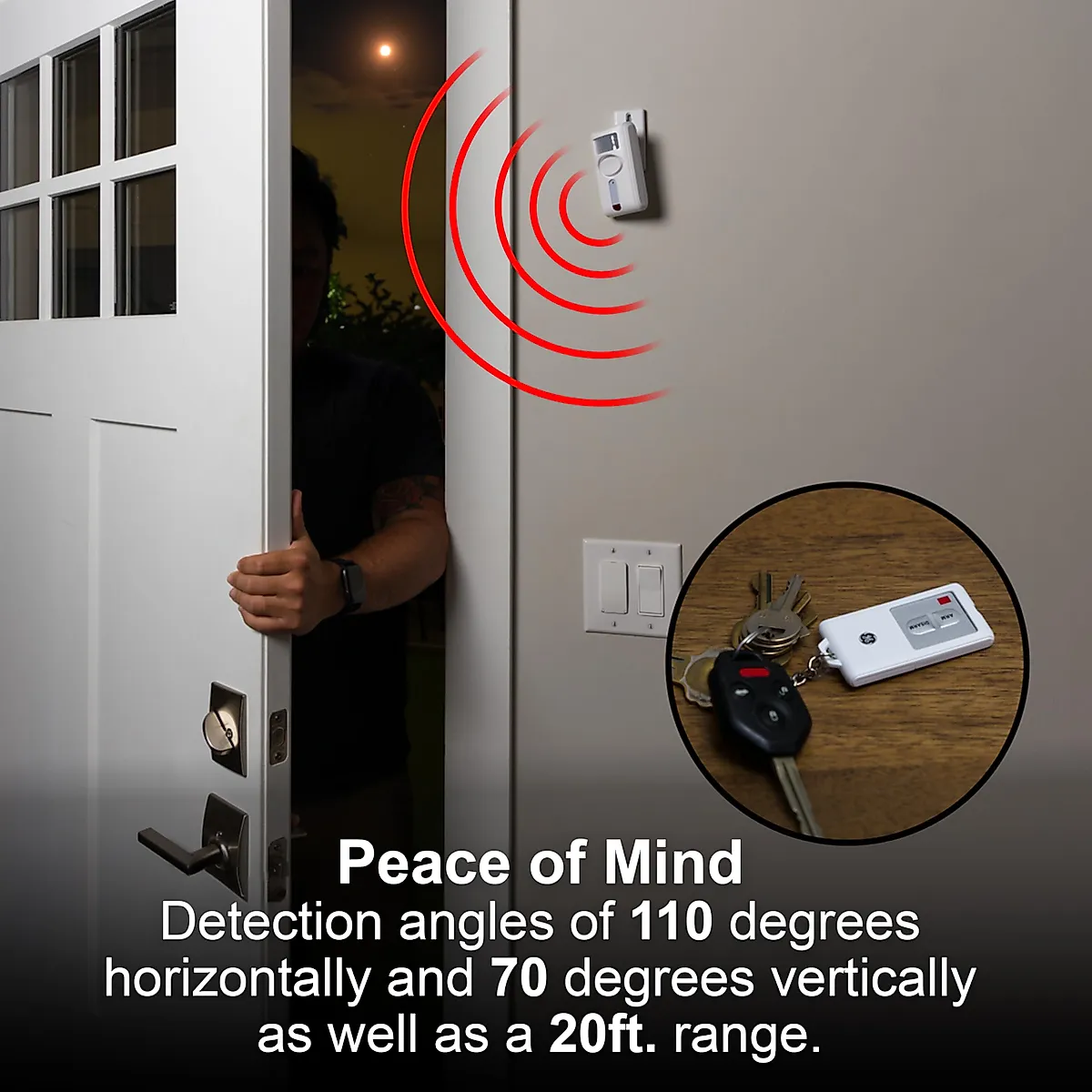 GE Personal Security Motion Sensing Alarm with Keychain Remote, 120dB Siren, Easy to Use, Easy to Install, No Wiring, Home Protection, 51207,black