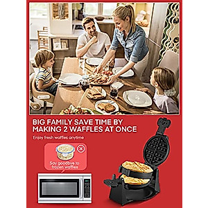 Waffle Maker, Belgian Waffle Maker Iron 180° Flip Double Waffle, 8 Slices, Rotating & Nonstick Plates, Removable Drip Tray, Cool Touch Handle, Black, 1400W