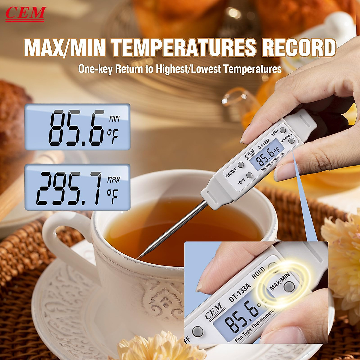 CEM Instant Read Digital Meat Thermometer for Food, Bread Baking, Water and Liquid. Waterproof and Long Probe with Meat Temp Guide for Cooking, Display with Backlit (White), DT-133A