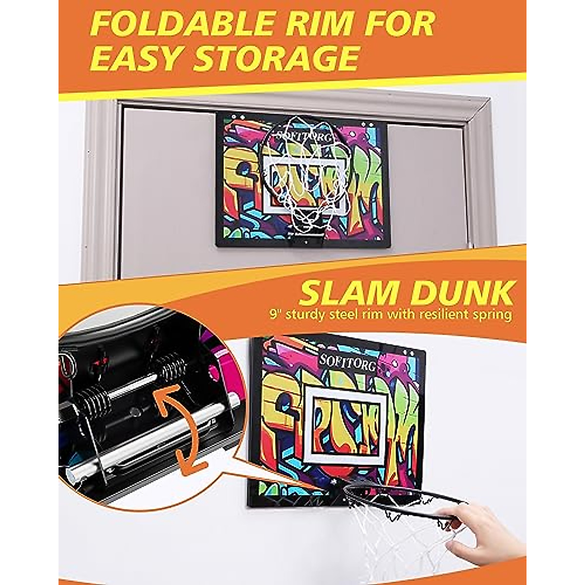 SOFITORG Mini Basketball Hoop Indoor - Over The Door Basketball Hoop with Foldable Flex Rim - Wall Mount Basketball Hoop Set with 2 Balls - Small Hoop Toy for Kids Teens Adults