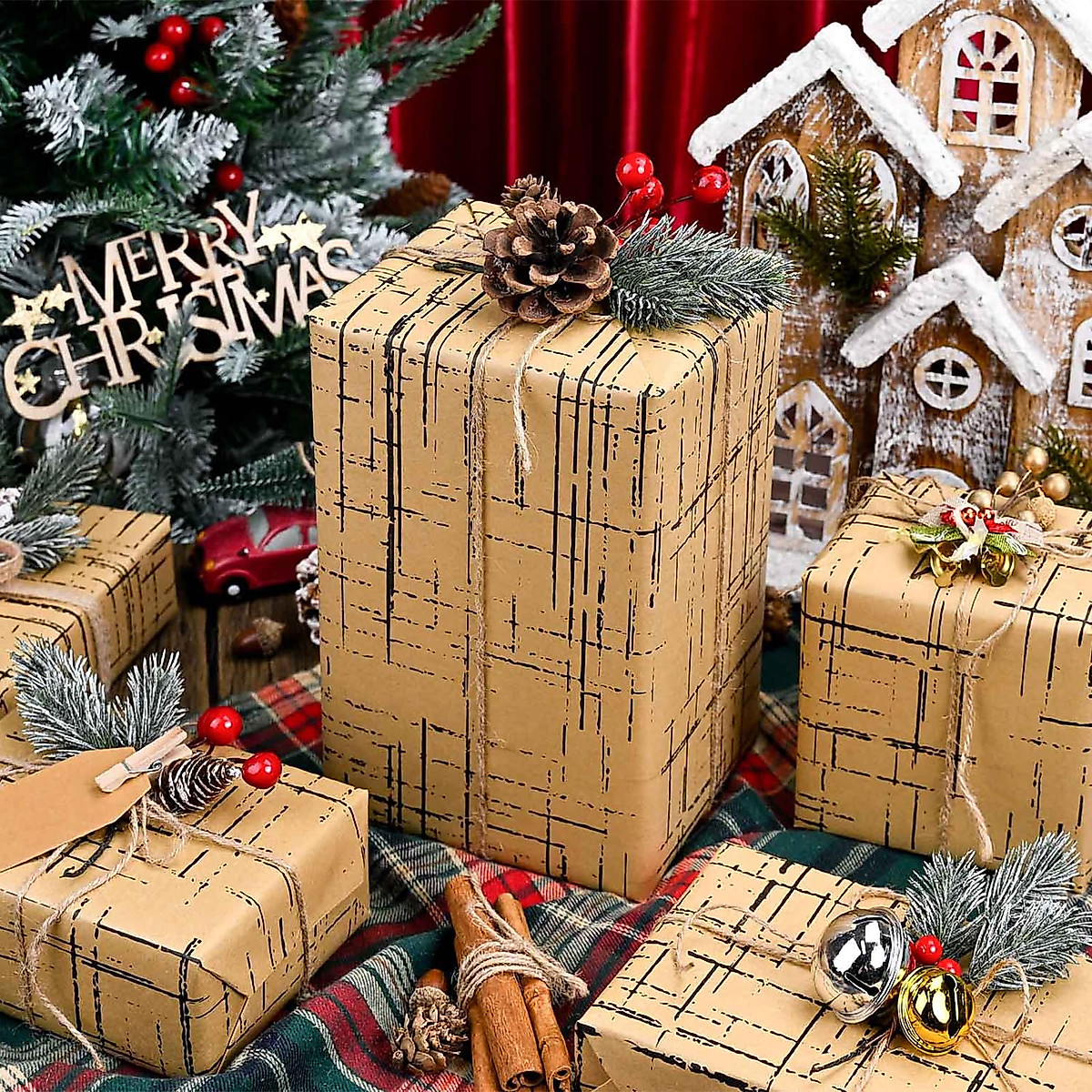 Merture Kraft Wrapping Paper Roll, Brown Gift Wrap with Dynamic Plaid Pattern - 17 In X 32.8 Ft Black Stripe Wrapping Paper for Christmas, Wedding, Father's Day, Mother's Day, Valentines Day - 1 Roll (46.5 sqft.)