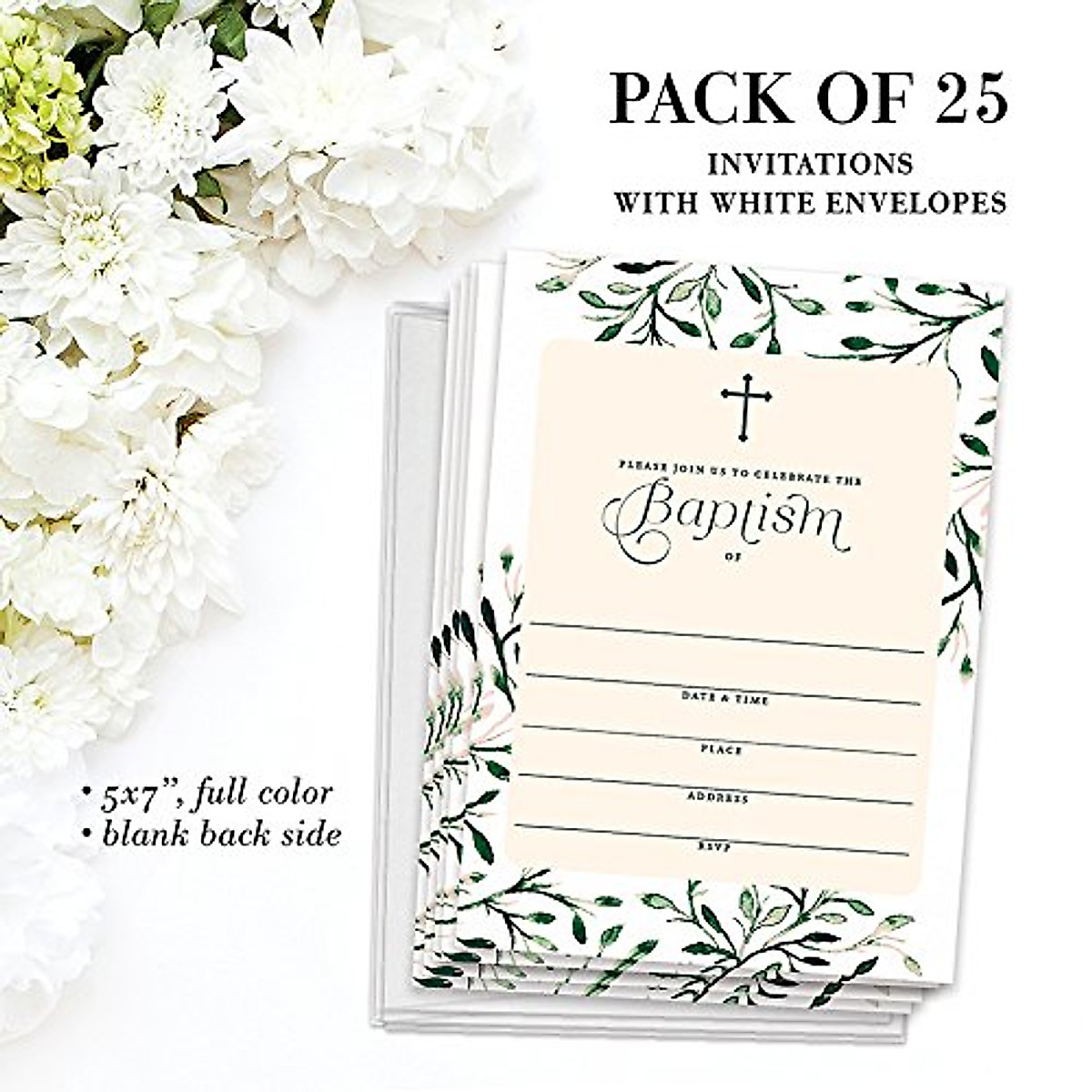 DB Party Studio Baptism Invitations ( 25 ) & Matching Thank You Cards ( 25 ) Set with Envelopes, Pretty Delicate Leaf Design 5 x 7" Fill-in Invites & Folded Thanks Notes Baby Infant Christening Pair