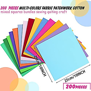 200 Pieces 10 x 10 Inches Solid Color Cotton Fabric Square Fabric Craft Fabric Scraps Multi Color Cotton Quilting Fabric Bundles Patchwork Precut for DIY Craft Sewing Clothing