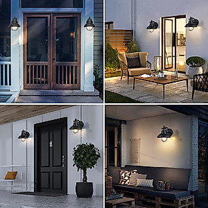 Untrammelife Rustic Outdoor Wall Light Fixture with Dusk to Dawn PIR Motion Sensor 2 Pack Matte Black Outdoor Wall Lantern Lamp with Crackle Glass Shade for Porch Barn Front Door, Bulbs Included