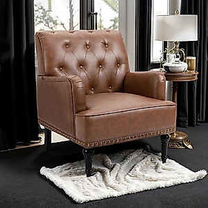 MOJAY Mid-Century PU Leather Accent Chair, Living Room Lounge Sofa Chair with Black Painted Rubber Wood Feet, Single Club Armchair with Rivet Trim for Bedroom Home Reception (Brown)