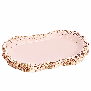 24-Pack Pink Disposable Serving Trays, Gold Foil Polka Dotted Party Platters for Wedding, Birthday, Tea Party, Brunch Decorations, Table Centerpiece, Home Decor (9x13 in)