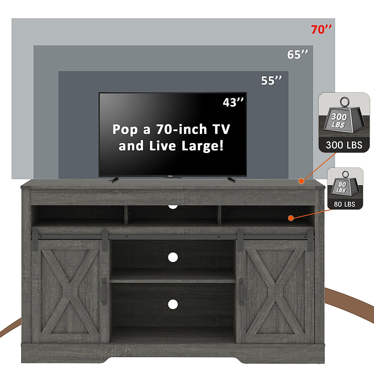 FansaFurn Farmhouse TV Stand for 65+ Inch TV, 34'' Tall Entertainment Center with Sliding Barn Doors, Rustic Wood Media Console Storage Cabinet Television Stand for Living Room, Bedroom (Dark Grey)