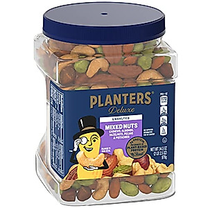 PLANTERS Unsalted Premium Blend Cashews, Almonds, Hazelnuts, Pecans Pistachios, 2.16 lb. Container