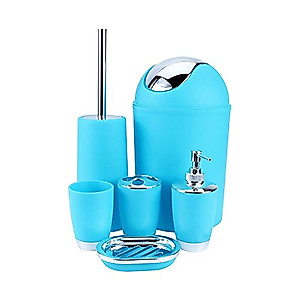 HURRISE Bathroom Accessories Set, 6 Pcs Plastic Gift Set Includes Toothbrush Holder, Toothbrush Cup, Soap Dish, Lotion Bottle, Toilet Brush, Trash Can for Decorative Countertop, Blue
