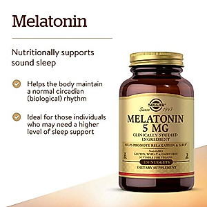 Solgar Melatonin 5 mg, 120 Nuggets - Helps Promote Relaxation & Sleep - Clinically-Studied Melatonin - Supports Natural Sleep Cycle - Vegan, Gluten Free, Dairy Free, Kosher - 120 Servings
