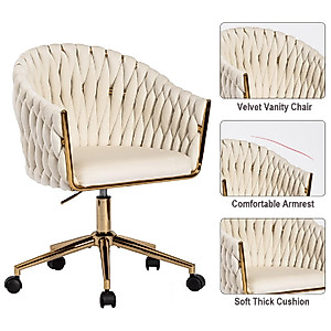 linting Velvet Office Desk Chairs Vanity Chairs with Gold Base Height Adjustable Mid Back Makeup Chairs with Wheels for Women, Hand-Woven Accent Chairs Armchair, Beige
