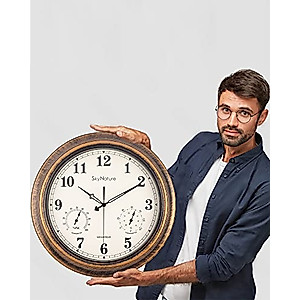 SkyNature Outdoor Clocks Waterproof, Large Outdoor Clock and Thermometer, Silent Wall Clocks Battery Operated, 18 Inch Decorative Rustic Farmhouse Wall Clock for Patio - Bronze