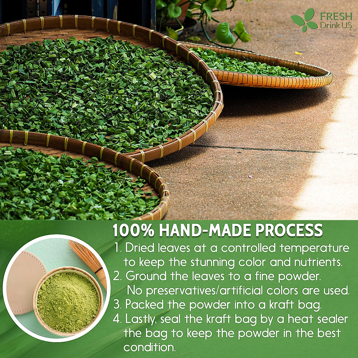 4.5oz Pandan Leaf Powder, 100% Natural and Pure from Pandan Dried Leaves, Emerald Pandan Leaf Powder, Green Food Coloring Powder, No Additives, No Gluten, Vegan.