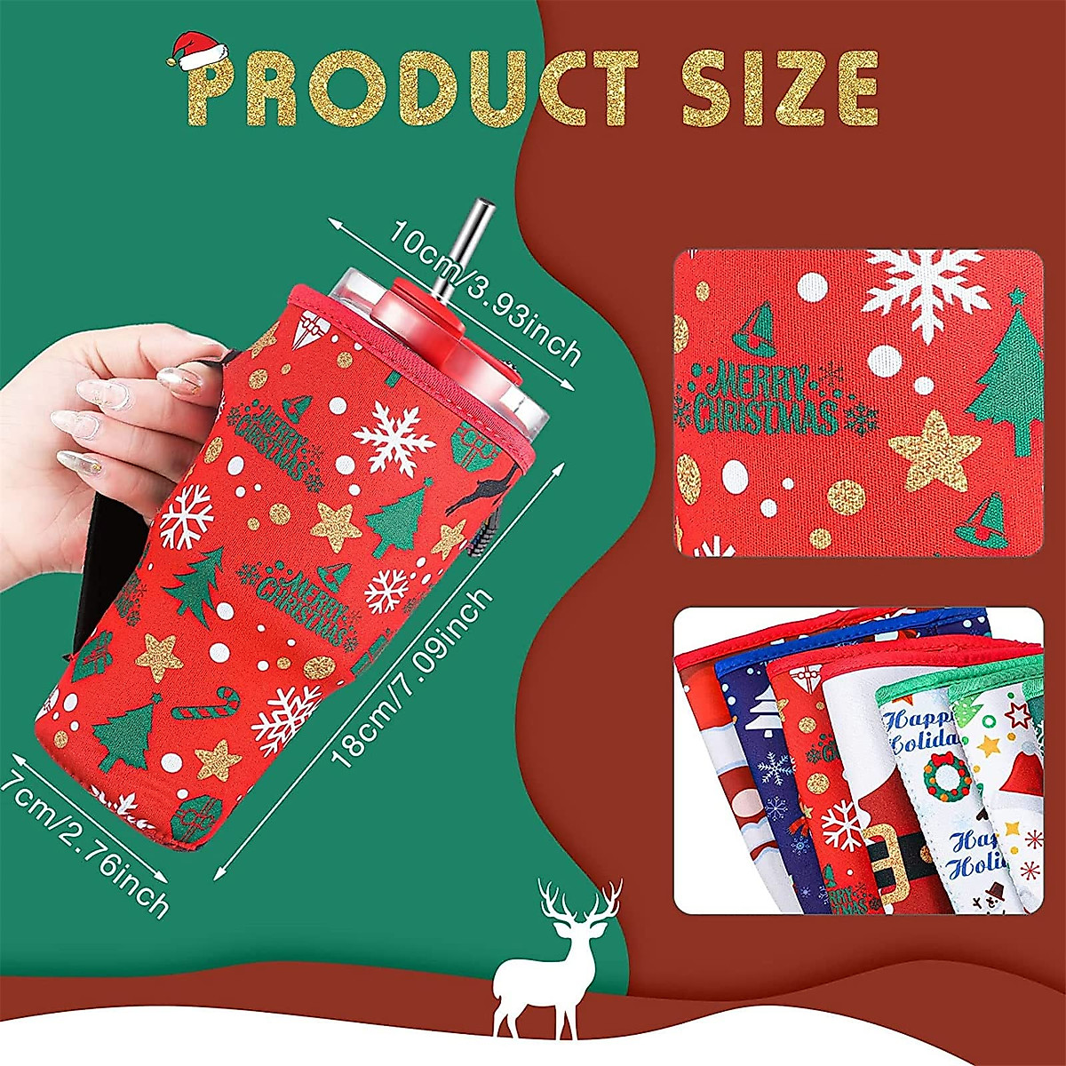 7 Pieces Christmas Coffee Sleeve Cup Reusable Iced Coffee Sleeve Insulator for Drinks Xmas Sleeve Mugs Cover Holders Santa Coffee Sleeve Tumbler Gift for 30 oz Cold Hot Beverages Milk Water