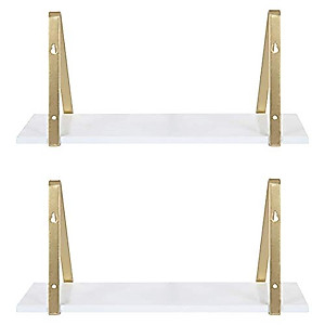 Kate and Laurel Soloman Modern Wooden Shelves, 18 inch, Set of 2, White and Gold, Contemporary Glam Wall Storage and Home Decor