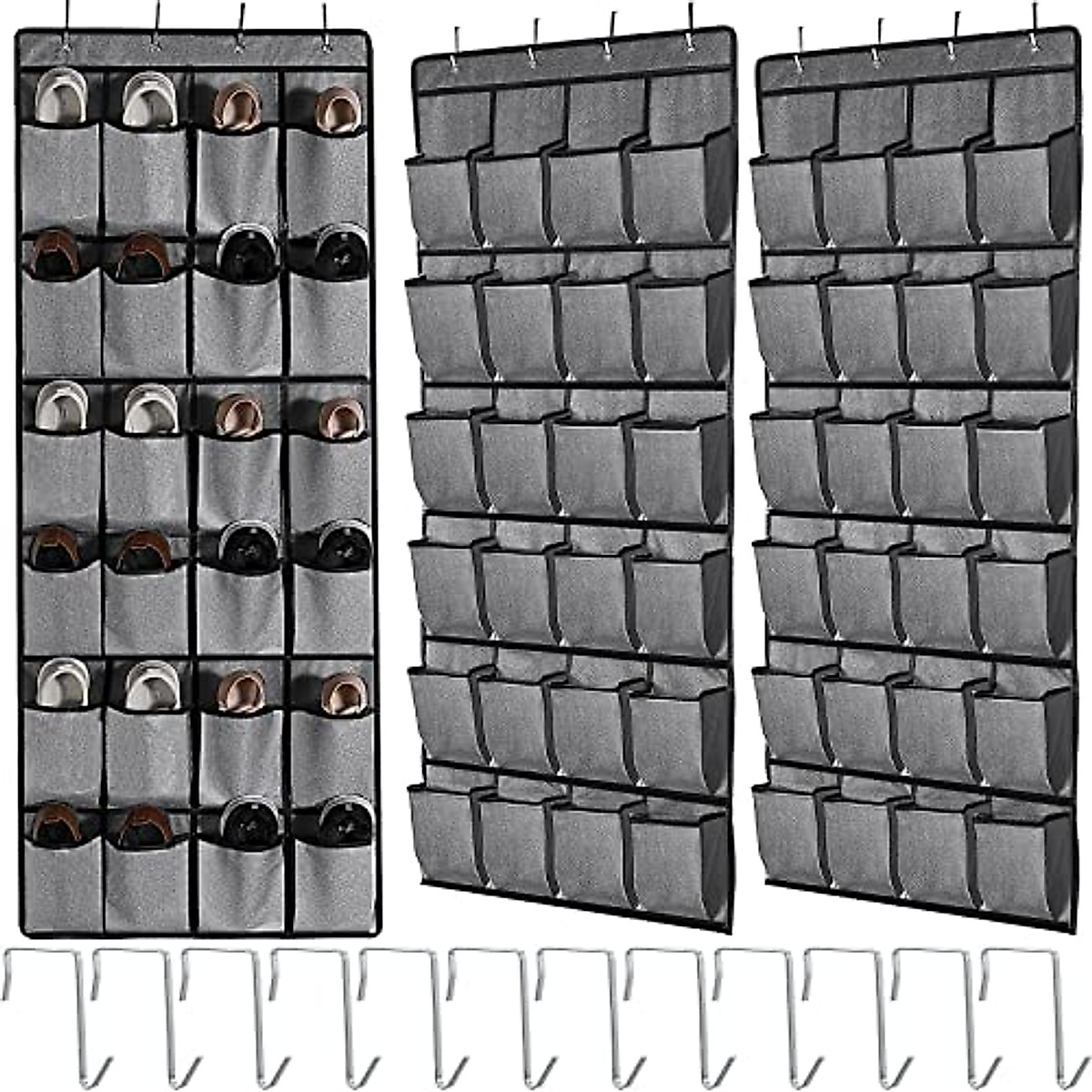 Shappy 3 Pack Over the Door Shoe Organizer Rack with 24 Large Fabric Pockets 12 Metal Hooks for Hanging Closet Holder Storage Men Women