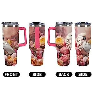 Flower Bird Peony Parrot 40 Oz Car Cup Stainless Steel Travel Mug Leak-Proof Insulated Tumbler with Handle Light Rose Red-style