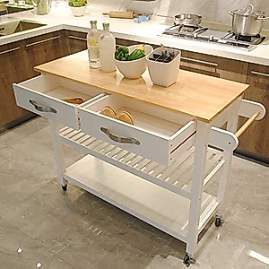 Livavege Kitchen Island Cart with Storage, 45" Rolling Cart Kitchen Islands Side Table on Wheels with Large Worktop, 2 Storage Drawers, Open Shelves and Towel Rack for Home Dining Room Living Room