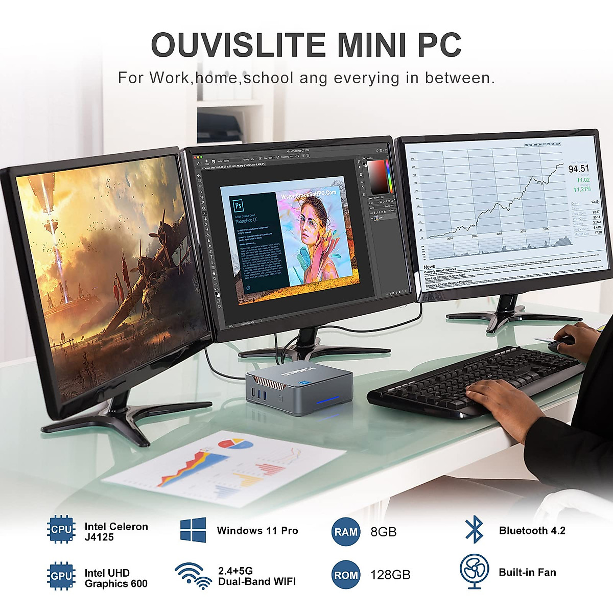 OUVISLITE Mini PC Window 11 Pro with Ιntel Celeron J4125 (Up to 2.7GHz), 8GB DDR4 128GB SSD Mini Computer Small Desktop PC Support 2TB Expansion, 4K HDMI, Triple Display, Dual WiFi, BT4.2, HTPC