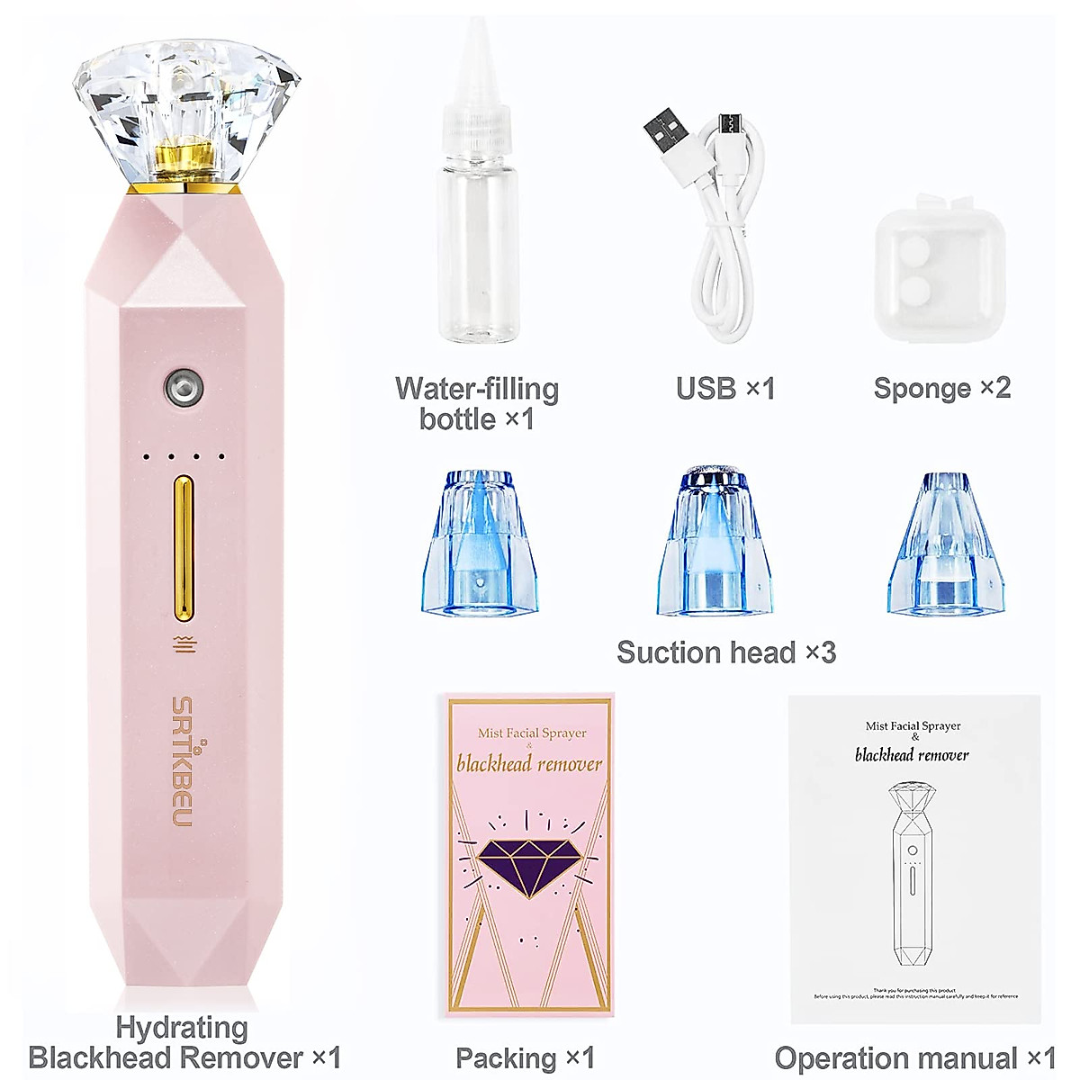 Blackhead Remover Pore Vacuum,Facial Sprayer Oxygen Hydrating,2 in 1 Multifunction Derma Blemish Removal Cleanser, Face Steamer Whitehead Acne Remover, Deeply Spots Cleaner Suction (Pink)