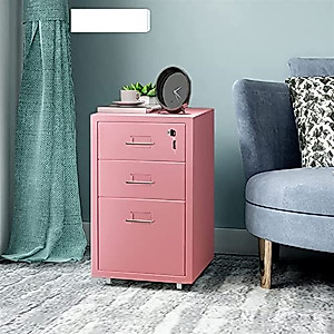 HIGOH Bedside Table Drawer Locker Under Desk Small Metal Lockable Bedside Table with Wheels for Office Home Pink