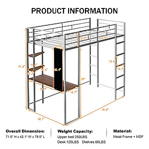 Merax Twin Metal Loft Bed with 2 Shelves and one Desk,Loft Bed Frame with 2 Built-in Ladders,12.2/'' H Safety Guardrail,Noise Free,No Box Spring Needed,Silver