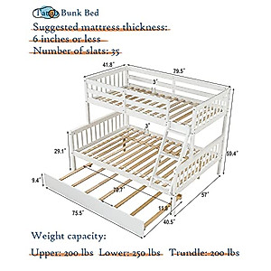 Tatub Twin Over Full Bunk Bed with Trundle, Ladder and Guard Rails, Pine Wood Frame, 3 in 1 Convertible Bunk Bed with Trundle for Kids, Teens, Adults, No Box Spring Needed, Bunk Bed White