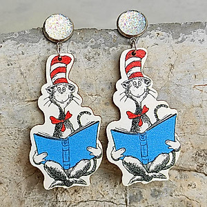 Unique Wooden Acrylic Teacher Student Earrings Cute Cat Mouse Asymmetric Funny Earrings Lightweight Charm Jewelry Back to School Gift for Student-book