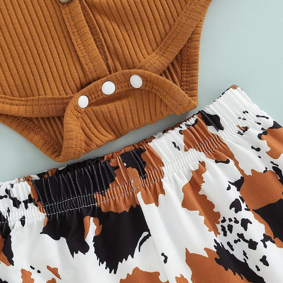 Lefyira Cow Print Bell Bottoms Baby Girl Off Shoulder Short Sleeve Romper Rib Knit Button Bodysuit Flare Pants Headband Outfit (Brown, 0-6 Months)