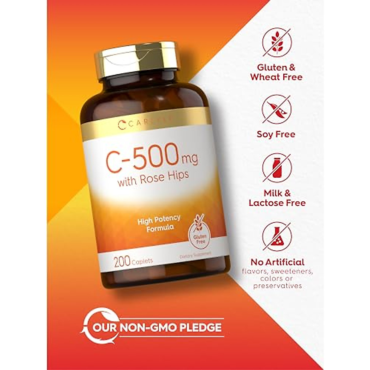 Carlyle Vitamin C with Rose Hips 500mg | 200 Caplets | High Potency Formula | Vegetarian, Non-GMO and Gluten Free Supplement