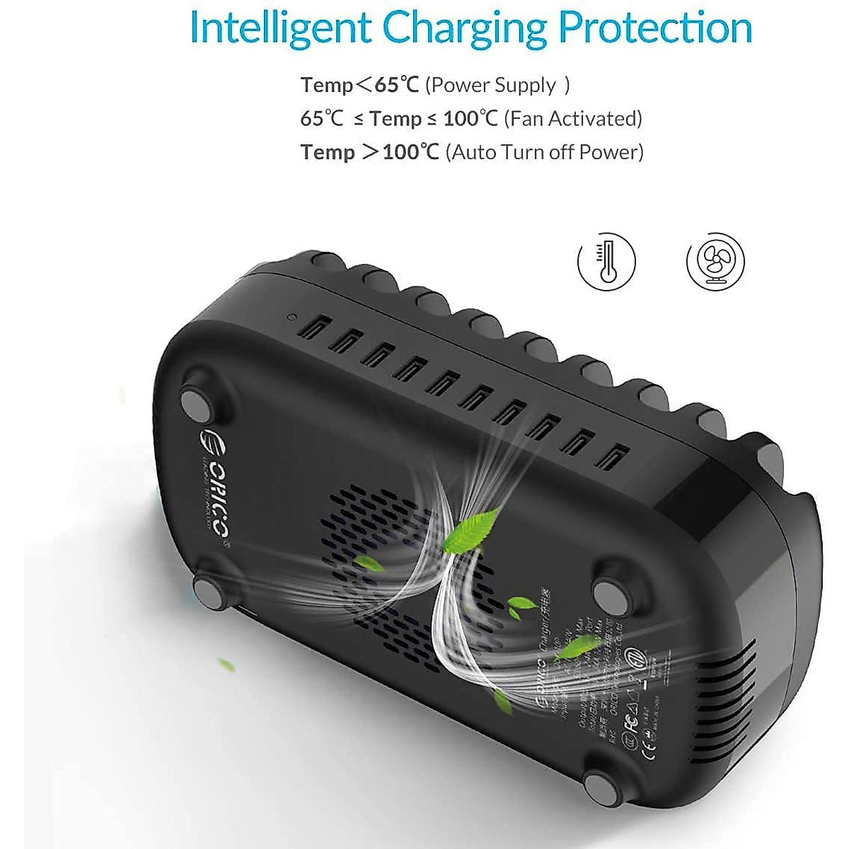 ORICO 120W 10 Port Charging Station for Multiple Devices 10 Ports Smart USB Charging Docking Organizer with Cooling Fan Compatible for iPhone, iPads, Samsung, Android Phone and Tablets