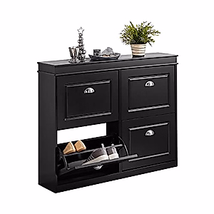 Haotian FSR79-SCH, Black Shoe Cabinet with 4 Flip Drawers, Freestanding Shoe Rack, Shoe Storage Cupboard Organizer Unit