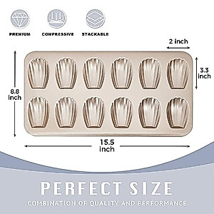 HONGBAKE Nonstick Madeleine Pan 2 Pack 12-Cavity Heavy Duty Madeleine Cookies Trays for Oven Baking, Warp Resistant Shell Shape Madeleine Mold Cake Pan, Champagne Gold