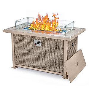 GYUTEI 50,000 BTU Auto-Ignition Gas Fire Table, 44in Propane Fire Pit Table with CSA Certification, 2 Hidden Side Hooks, 1 Glass Wind Guard, Aluminum Hand-Painted Table Top for Outside Patio (Gray)